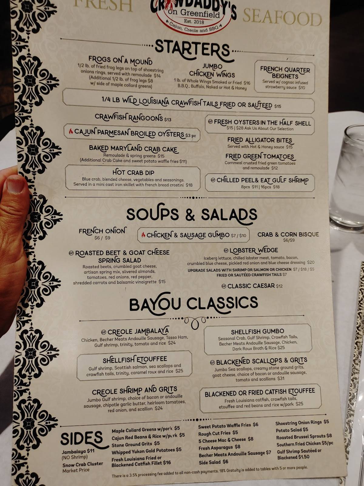 Menu at Crawdaddy's on Greenfield restaurant, West Allis, W Greenfield Ave