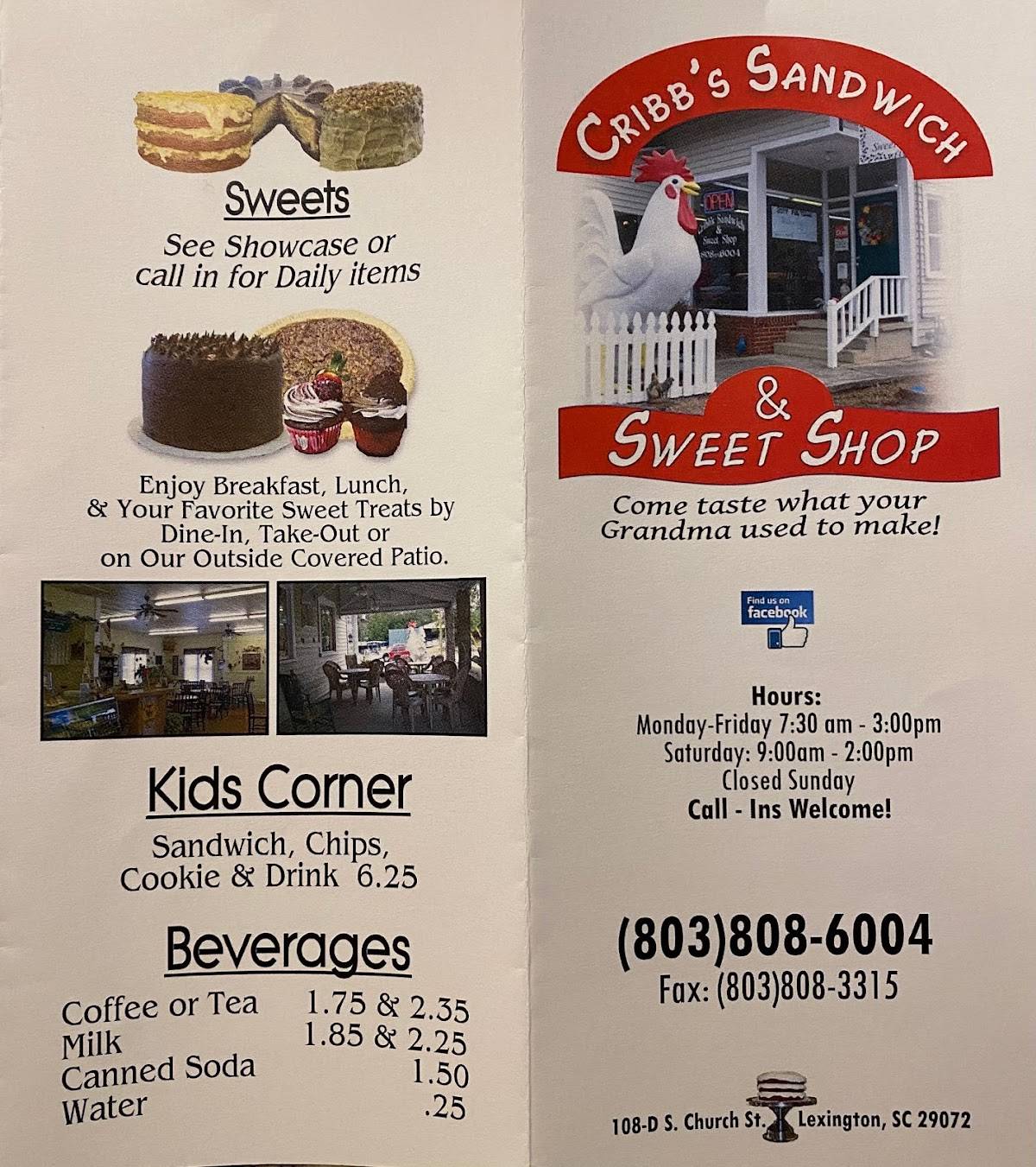 Menu at Cribb's Sandwich & Sweet Shop cafe, Lexington