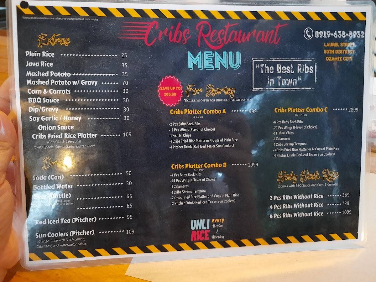 Menu at Cribs Diner restaurant, Ozamiz City