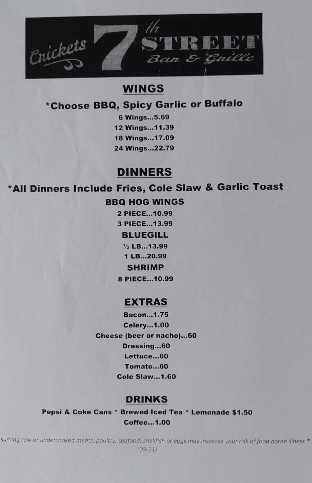 Menu at Cricket's 7th St. Bar & Grille, Auburn