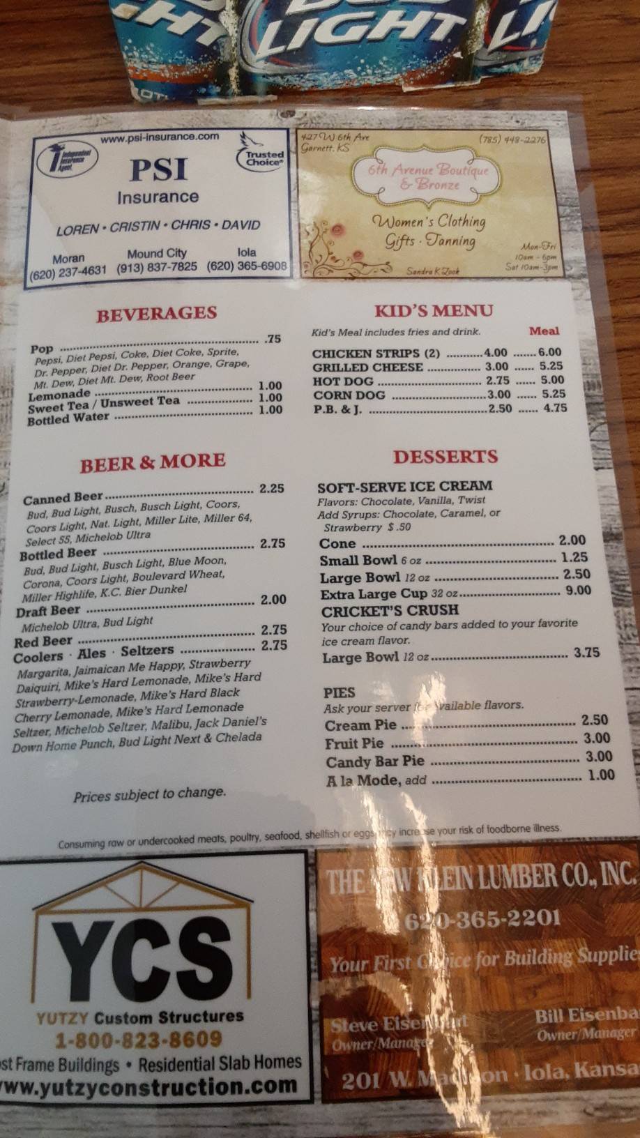 Menu at Cricket's Bar and Grill, Kincaid