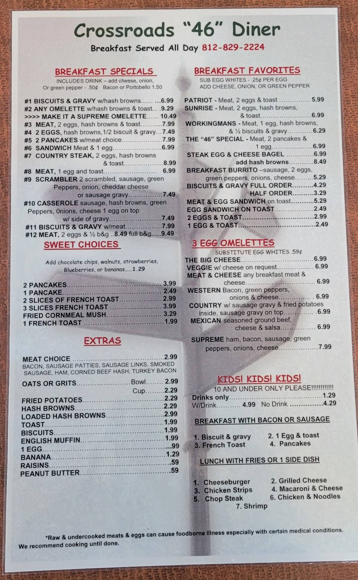 Menu at Crossroads 46 Diner steakhouse, Spencer