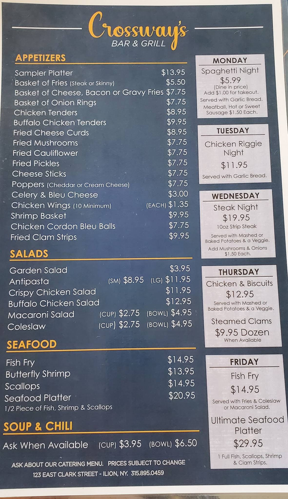 Menu at Crossway's Tavern pub & bar, Ilion