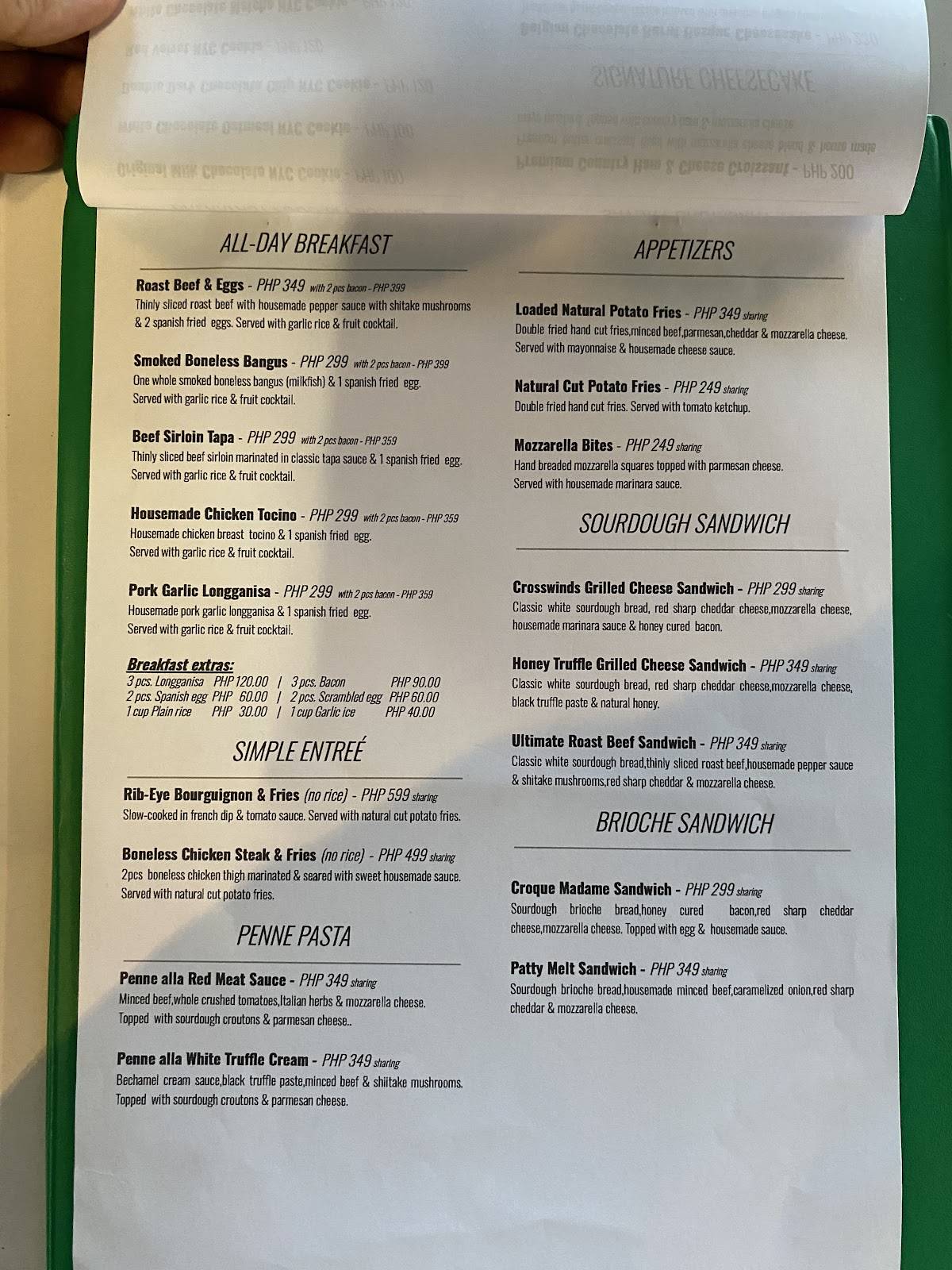 Menu at Crosswinds Tanay Cafe, Tanay