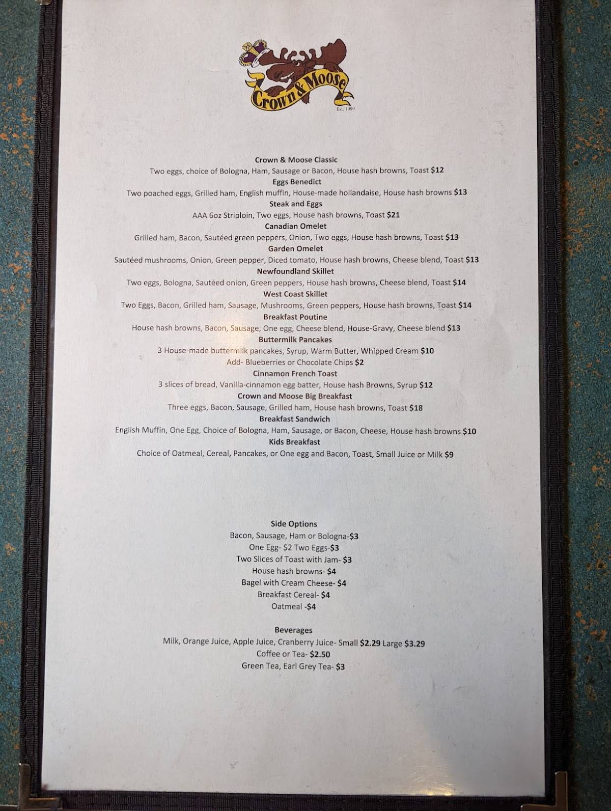 Menu at Crown & Moose pub & bar, Corner Brook