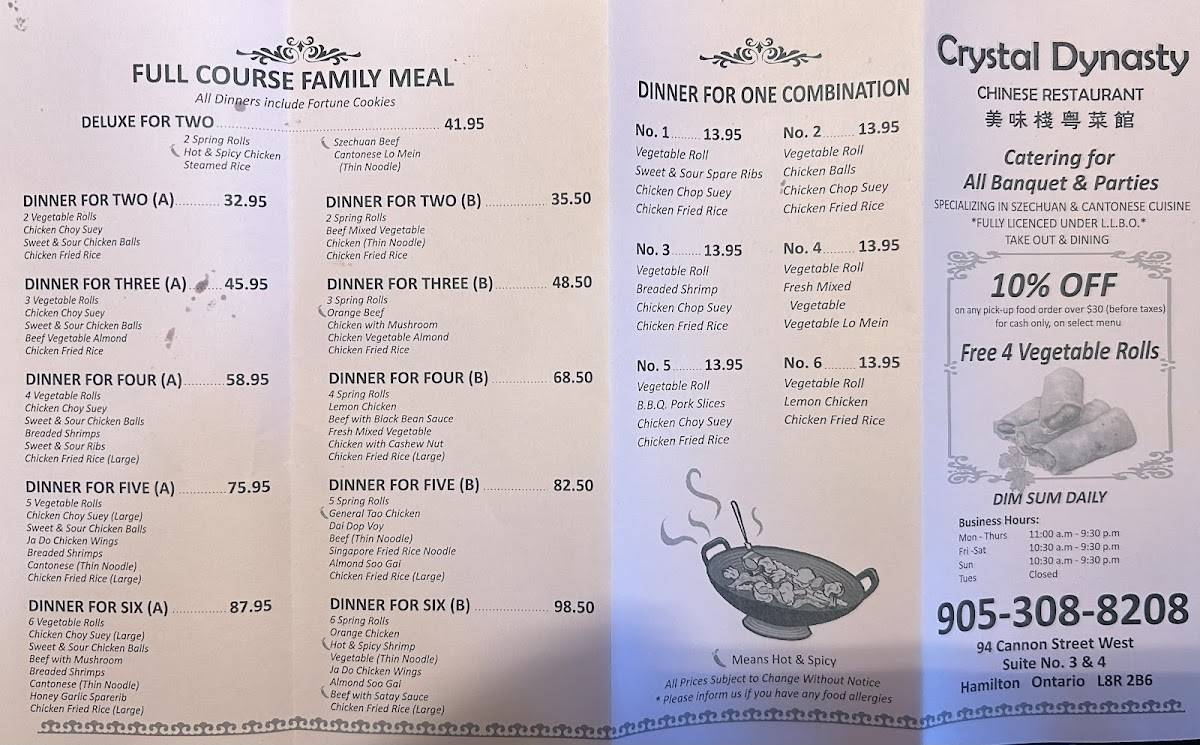 Menu at Crystal Dynasty Restaurant, Hamilton