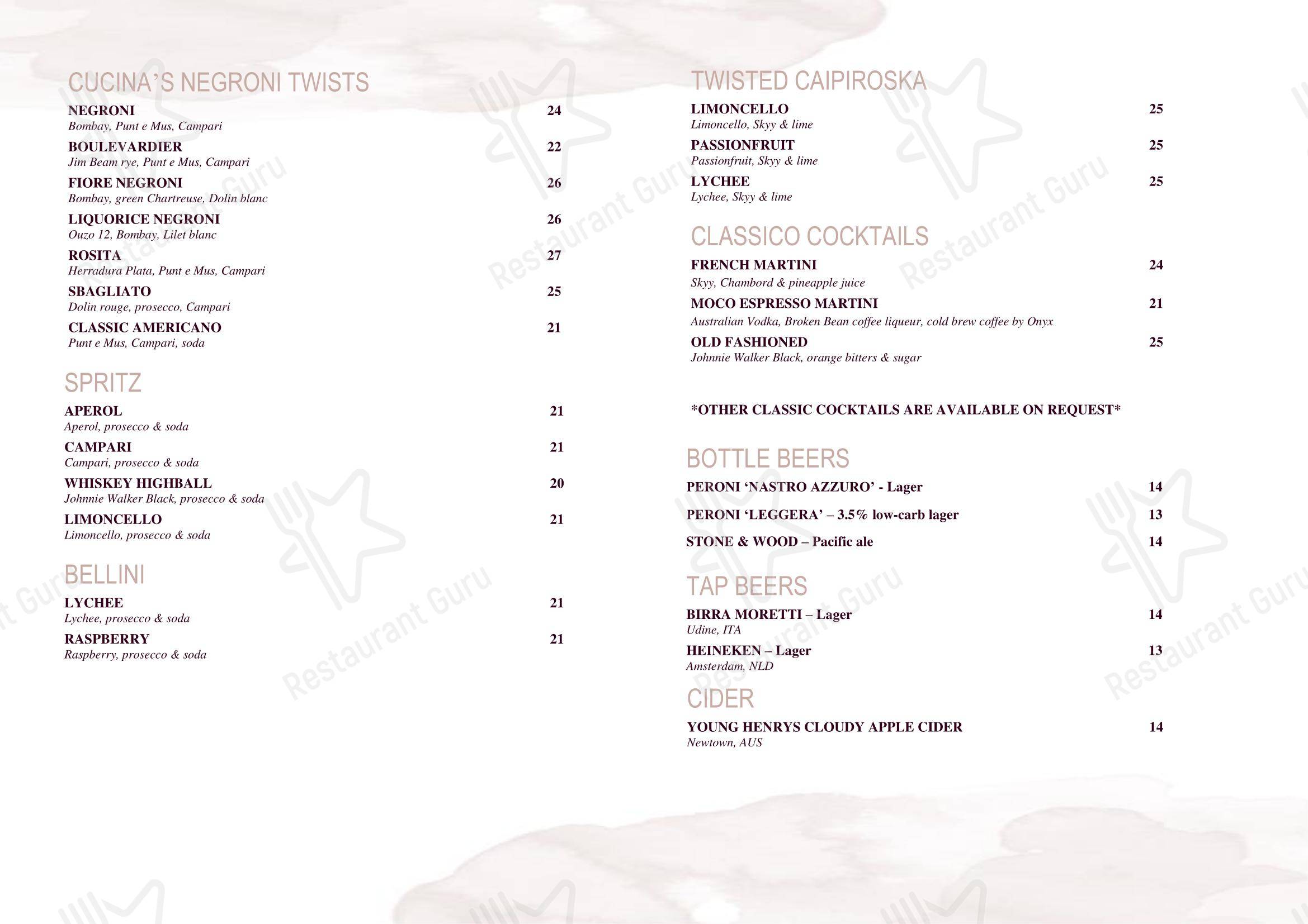 Carta del restaurante Cucina Porto, Pyrmont