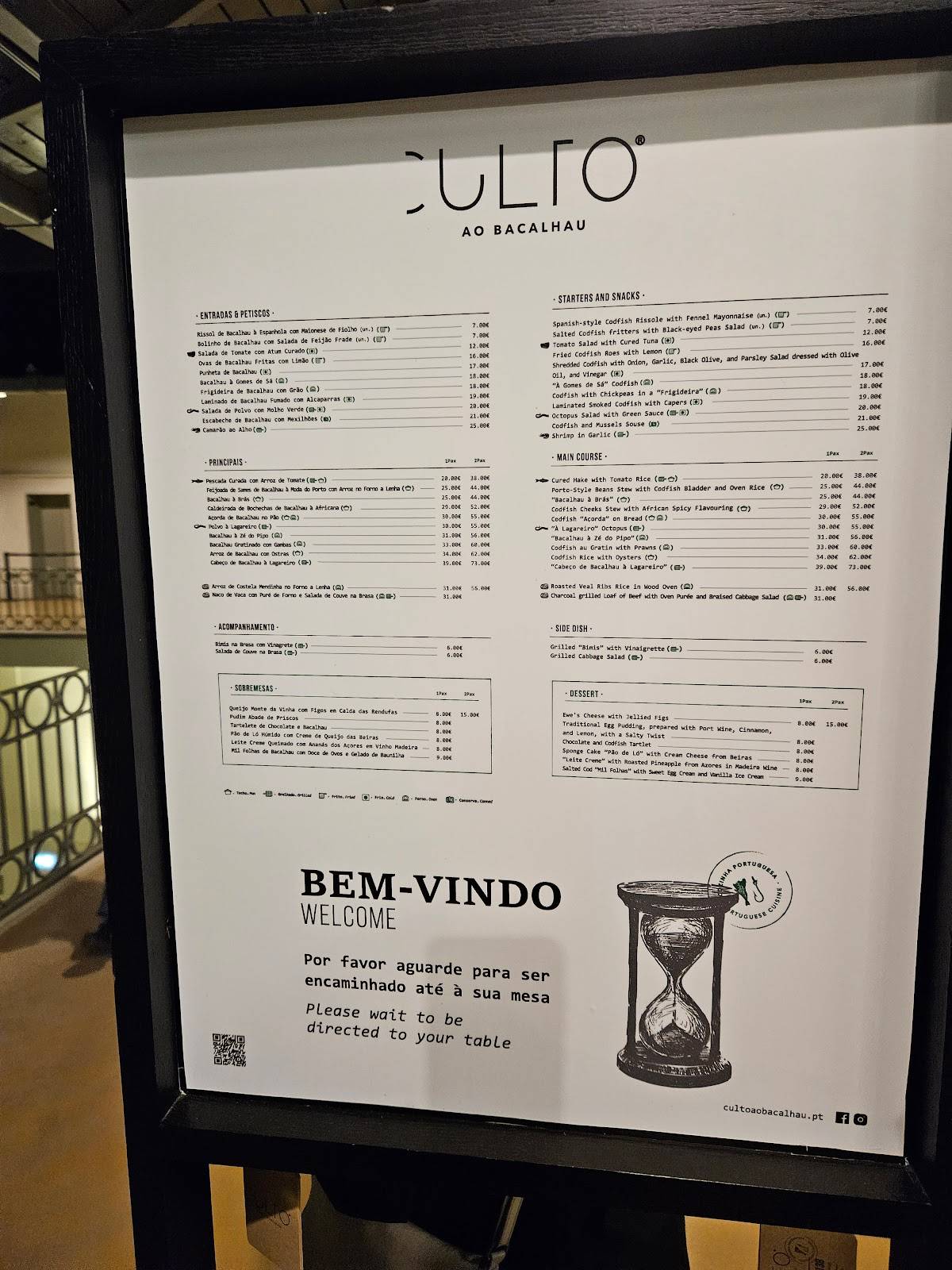 Menu em Culto ao Bacalhau restaurante, Porto