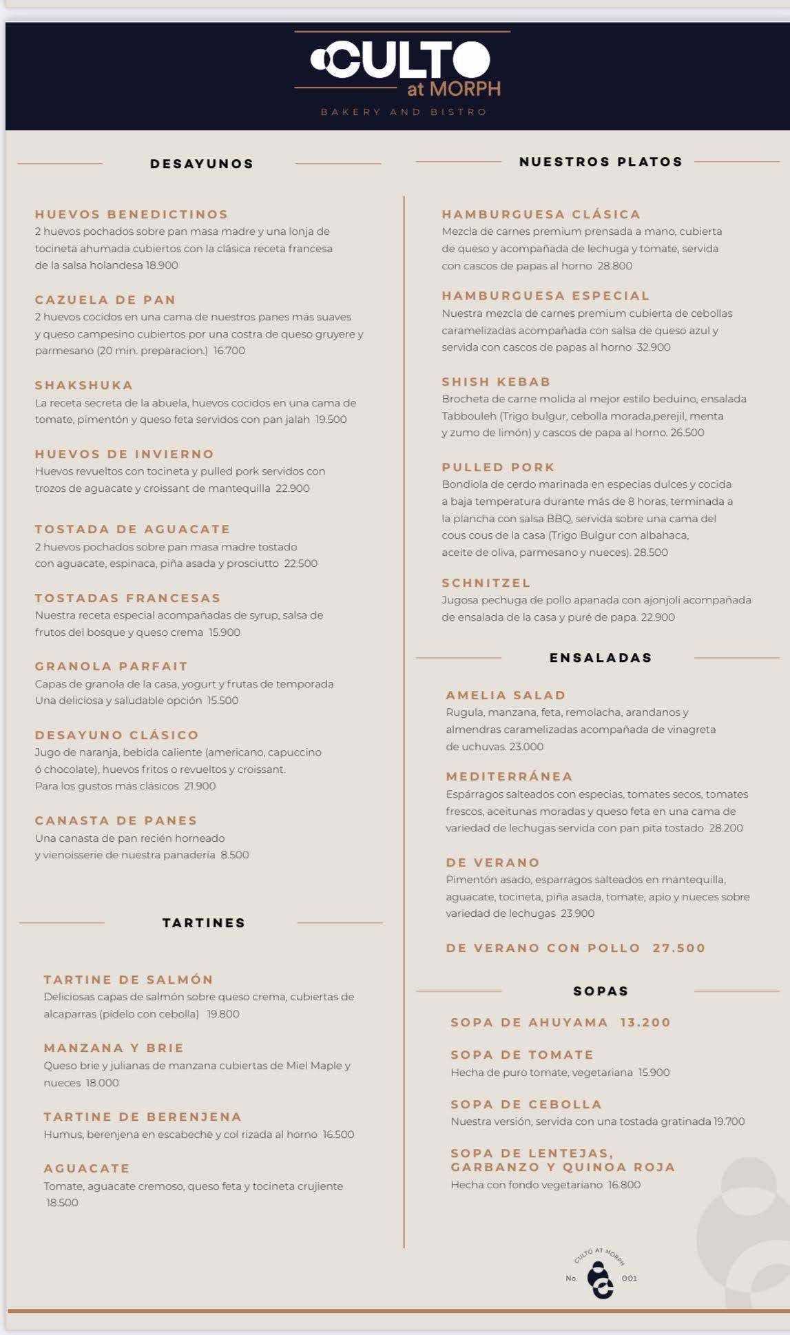 Carta del restaurante Culto at Morph, Bogotá
