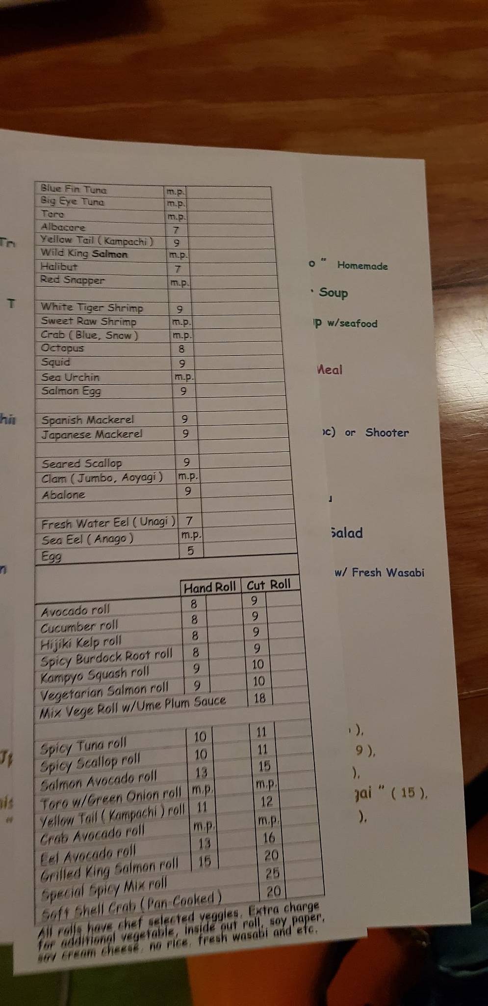 Menu at Shima restaurant, Los Angeles