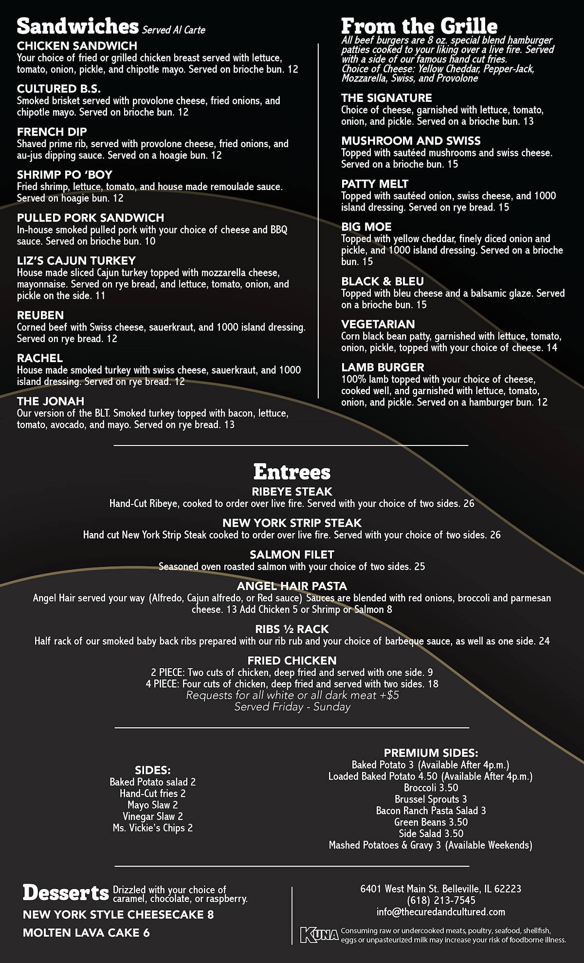 Menu at Cured and Cultured restaurant, Belleville