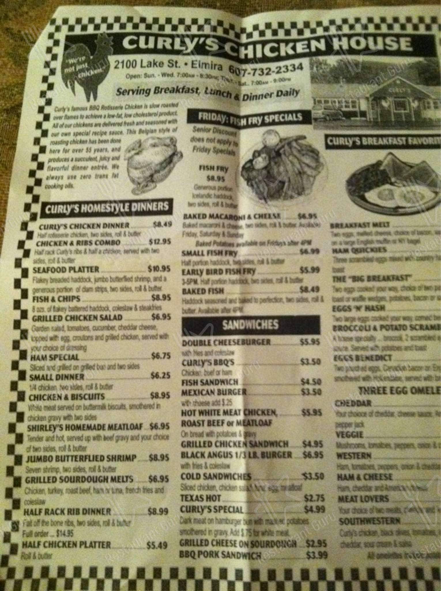 Menu at Curly's Chicken House restaurant, Elmira
