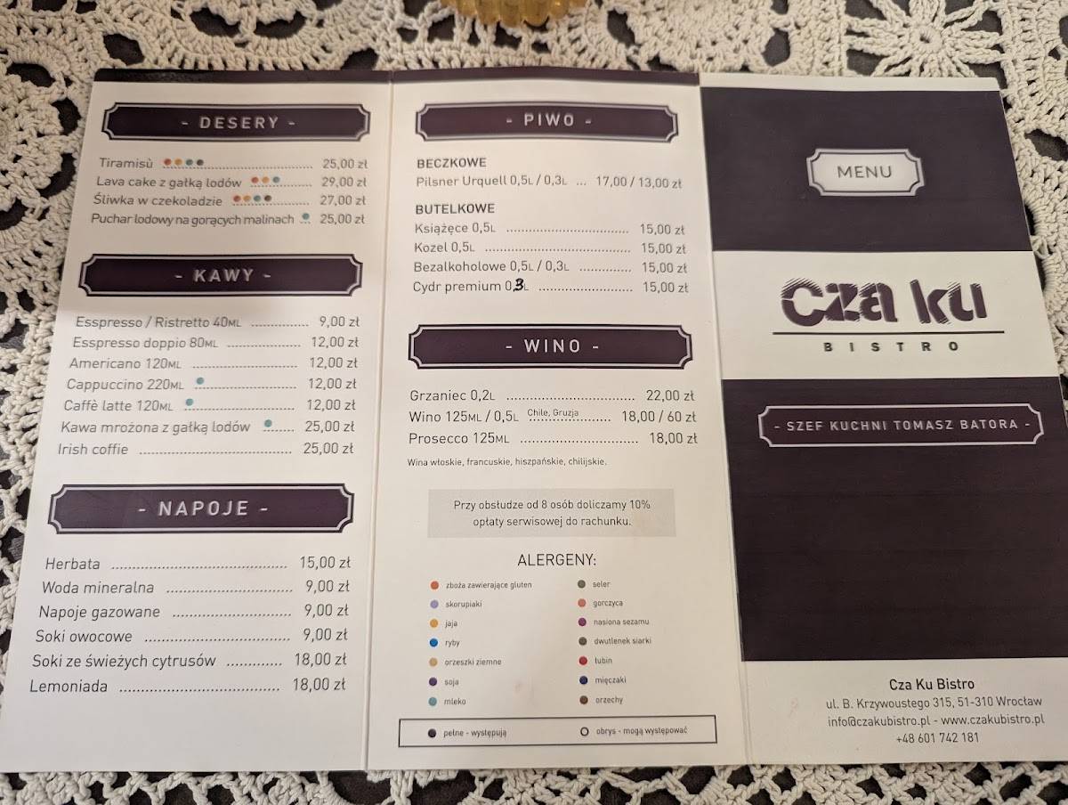 Menu at Cza Ku Bistro restaurant, Wrocław