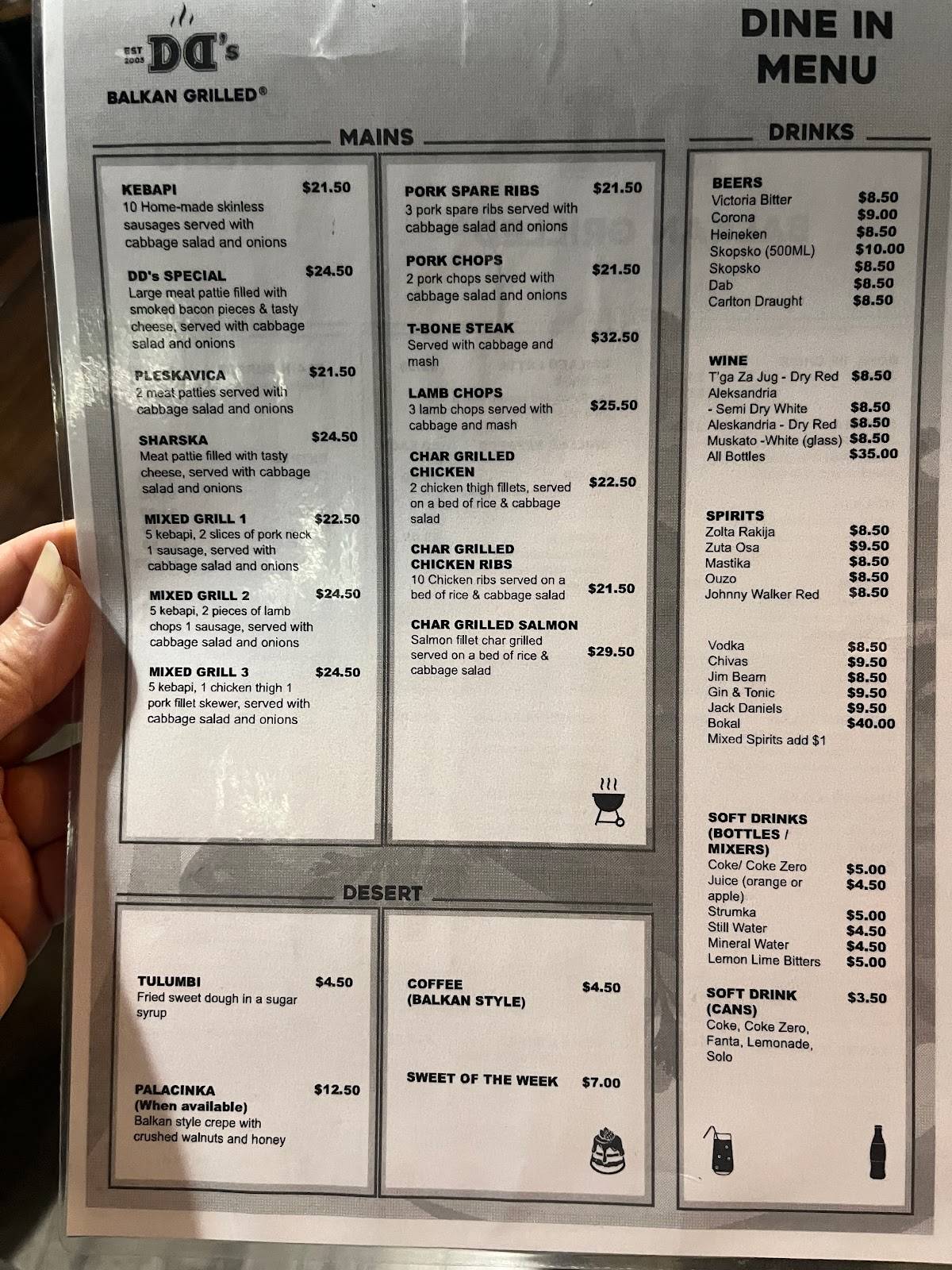 Menu at D.D's (Balkan Skara) restaurant, Epping