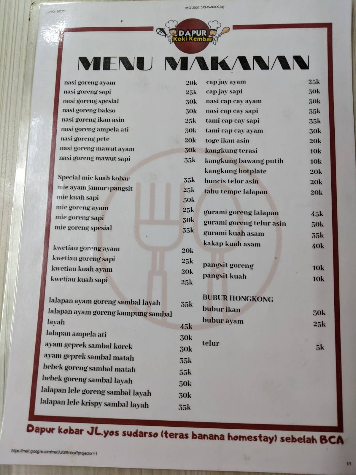 Menu at DAPUR KOKI KEMBAR, Indonesia
