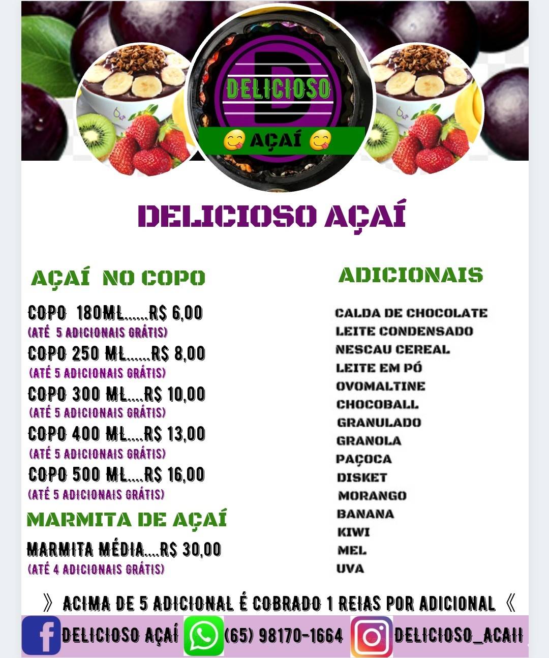 Menu at DELICIOSO AÇAÍ restaurant, Cuiabá