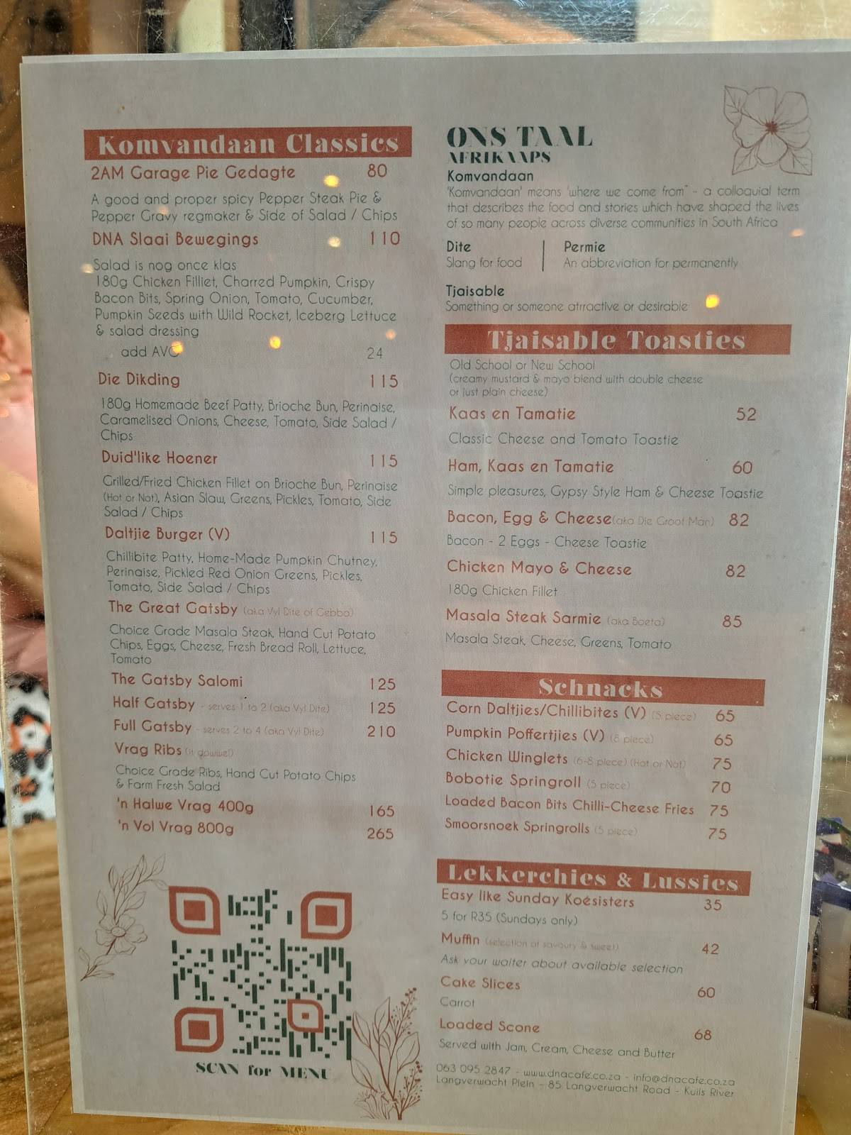 Menu at DNA Café & Eatery restaurant, Cape Town, Langverwacht Plein