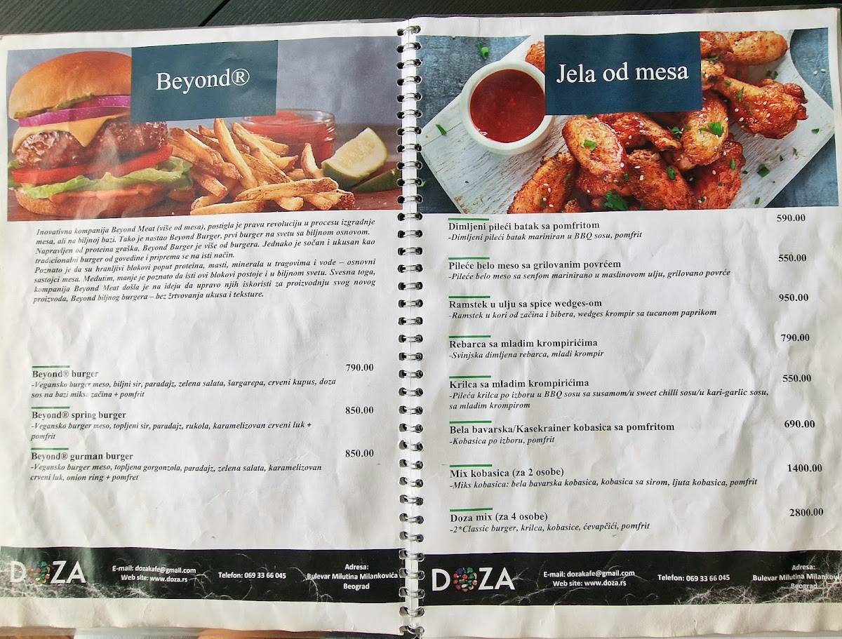 Menu at DOZA restaurant, Belgrade, Bulevar Milutina Milankovića 3b