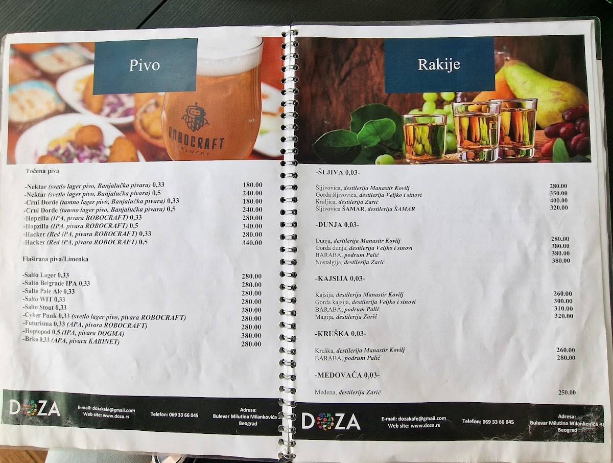 Menu at DOZA restaurant, Belgrade, Bulevar Milutina Milankovića 3b