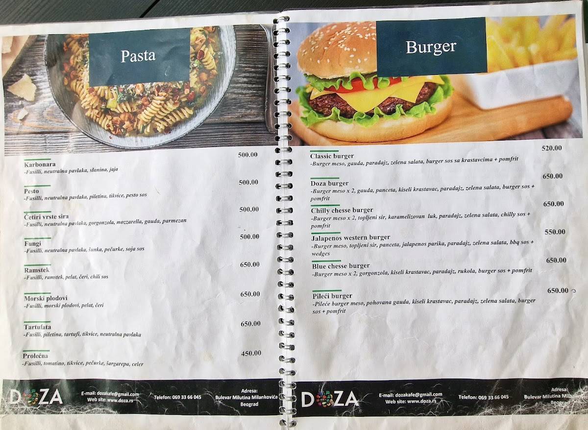Menu at DOZA restaurant, Belgrade, Bulevar Milutina Milankovića 3b