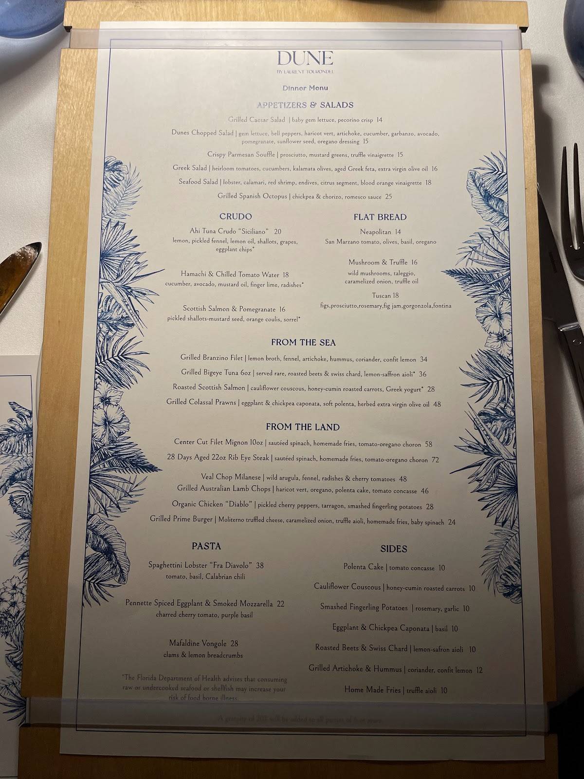Menu at DUNE by Laurent Tourondel steakhouse, Fort Lauderdale
