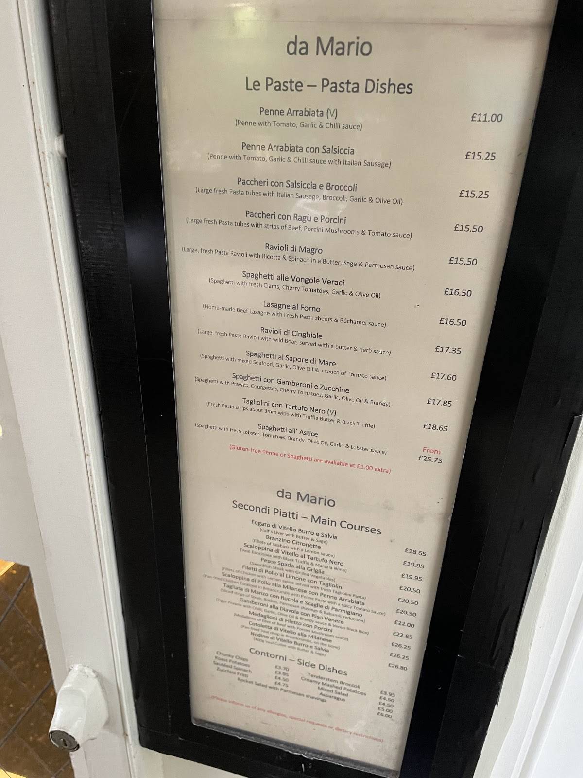 Menu at Da Mario Covent Garden restaurant, London, 63 Endell St