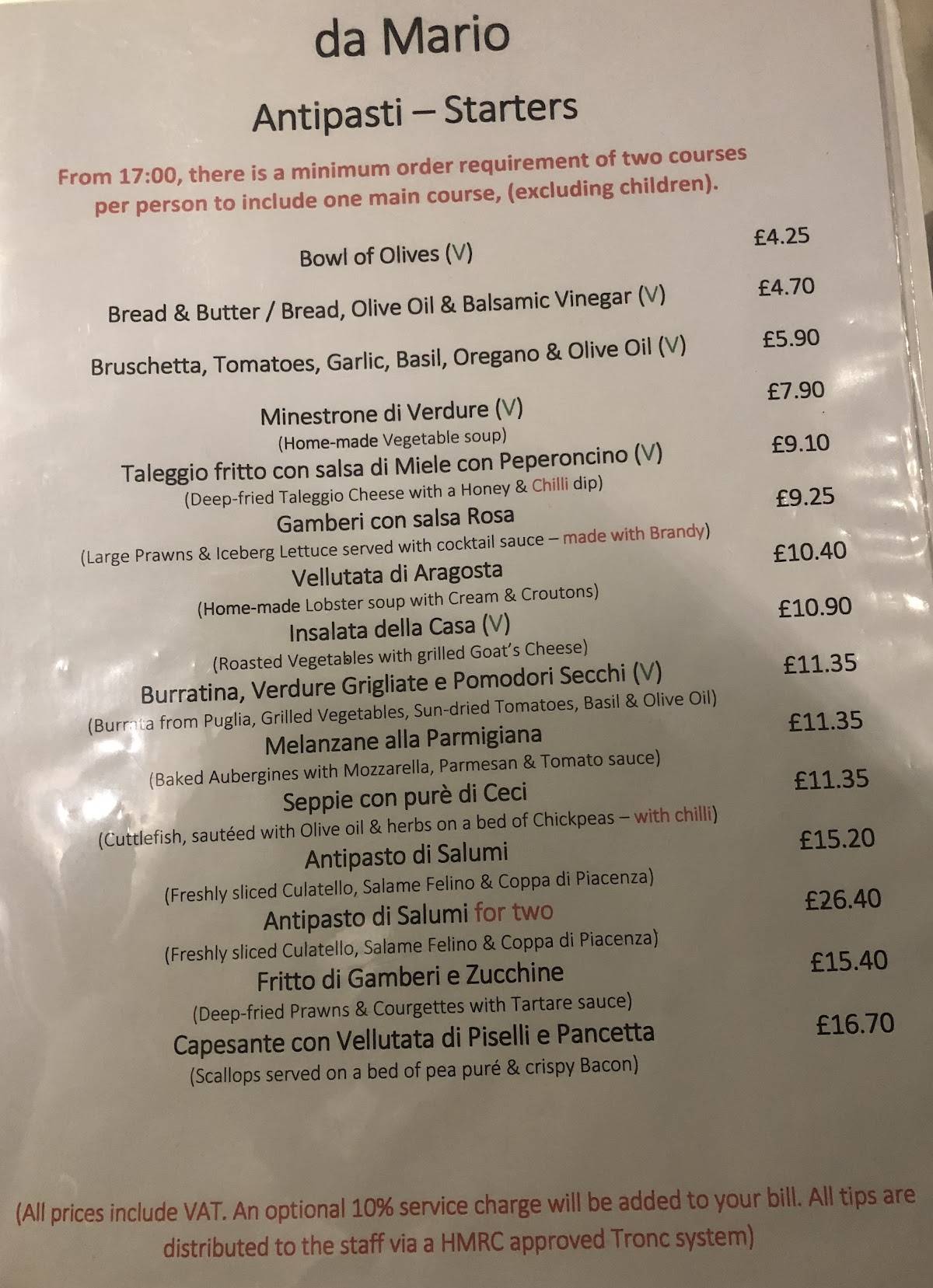 Menu at Da Mario Covent Garden restaurant, London, 63 Endell St