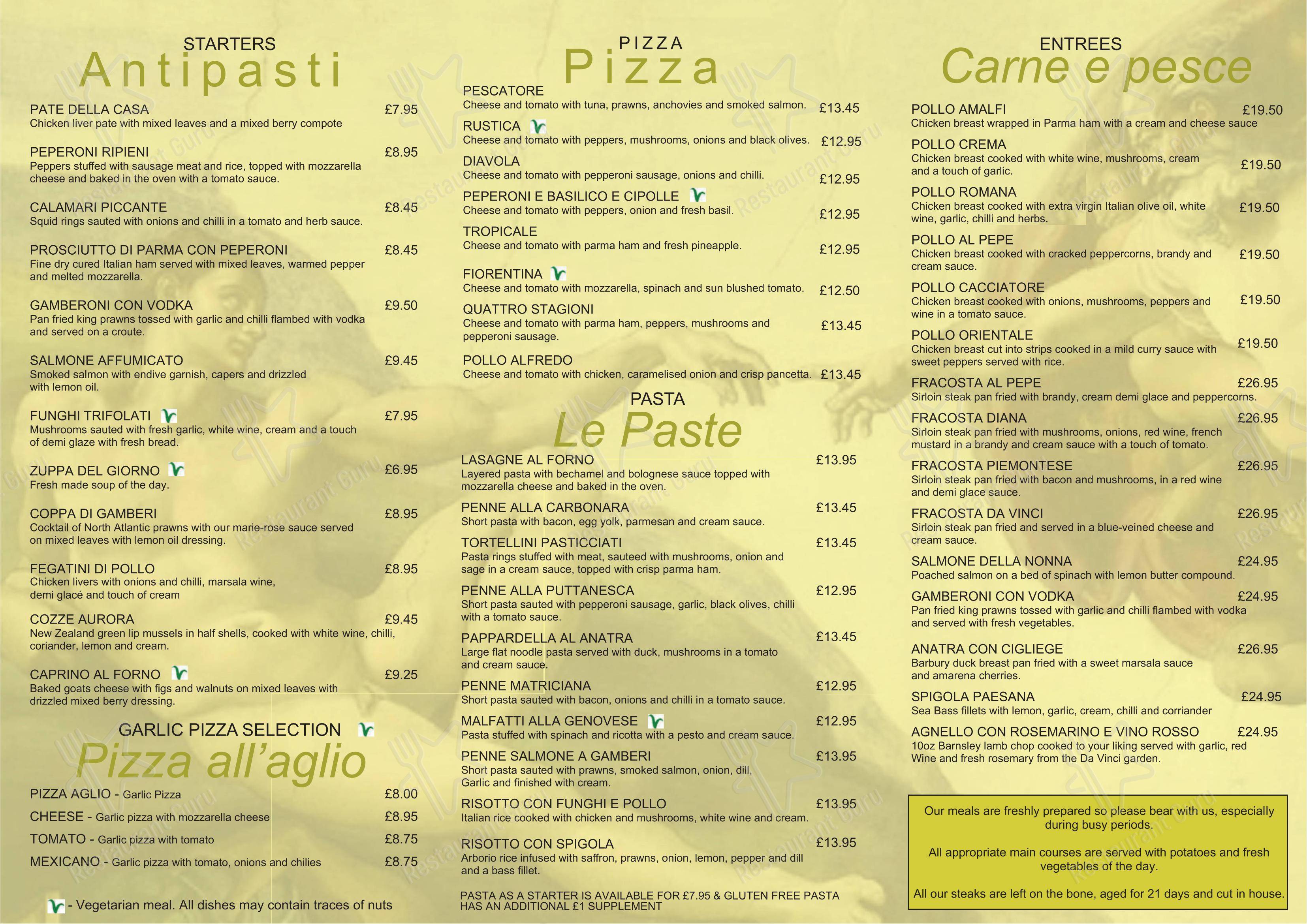 Menu at Da Vinci restaurant, Millom