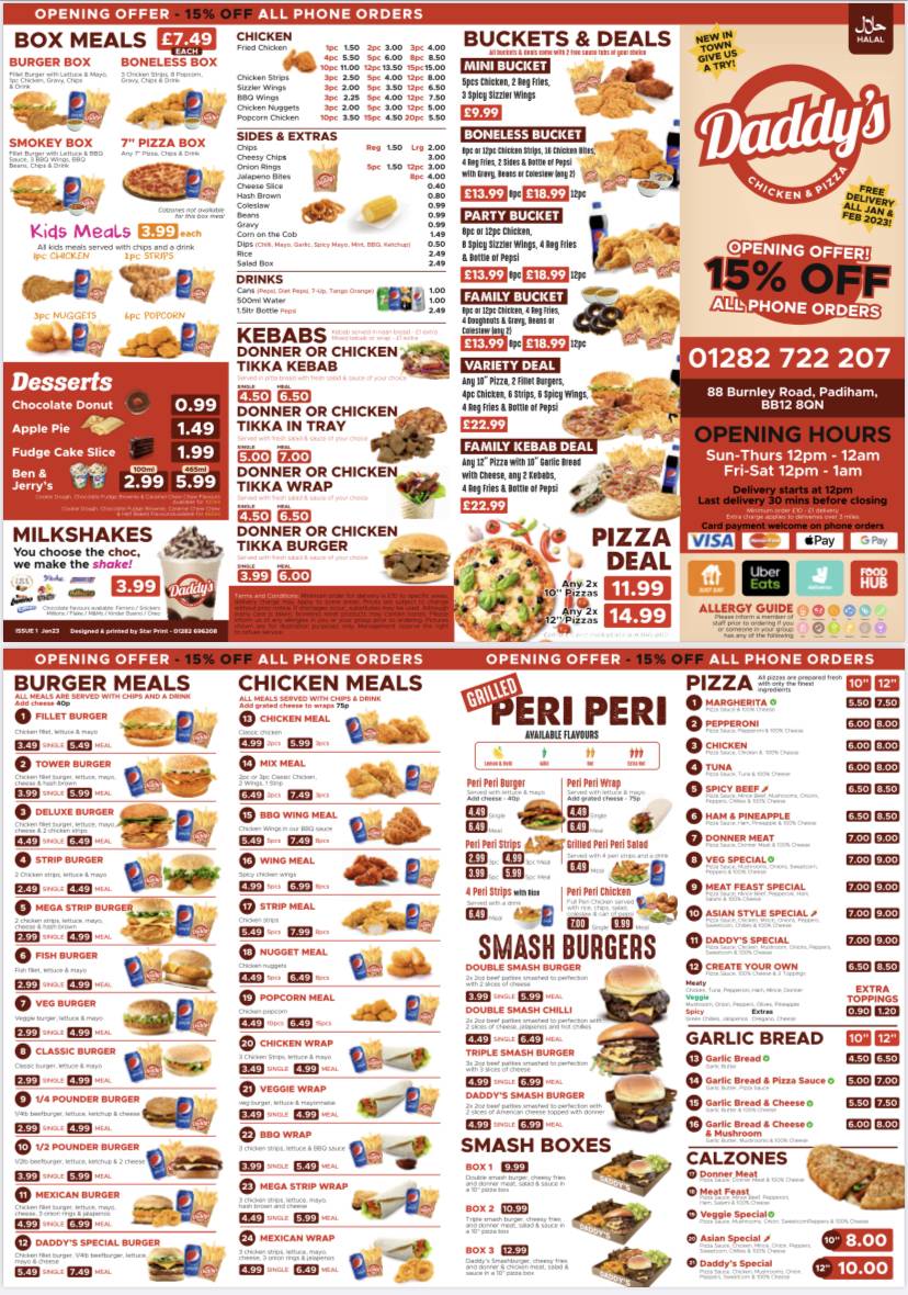 Menu at Daddys Chicken & Pizza restaurant, Burnley
