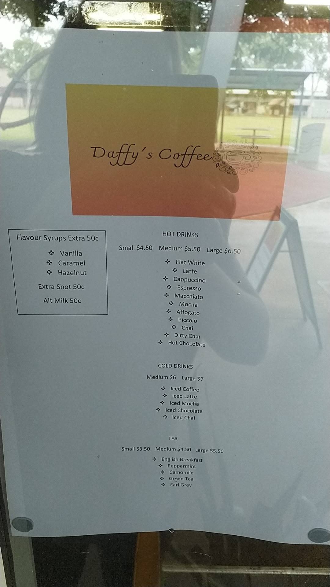 Menu at Daffy's Coffee, Tom Price