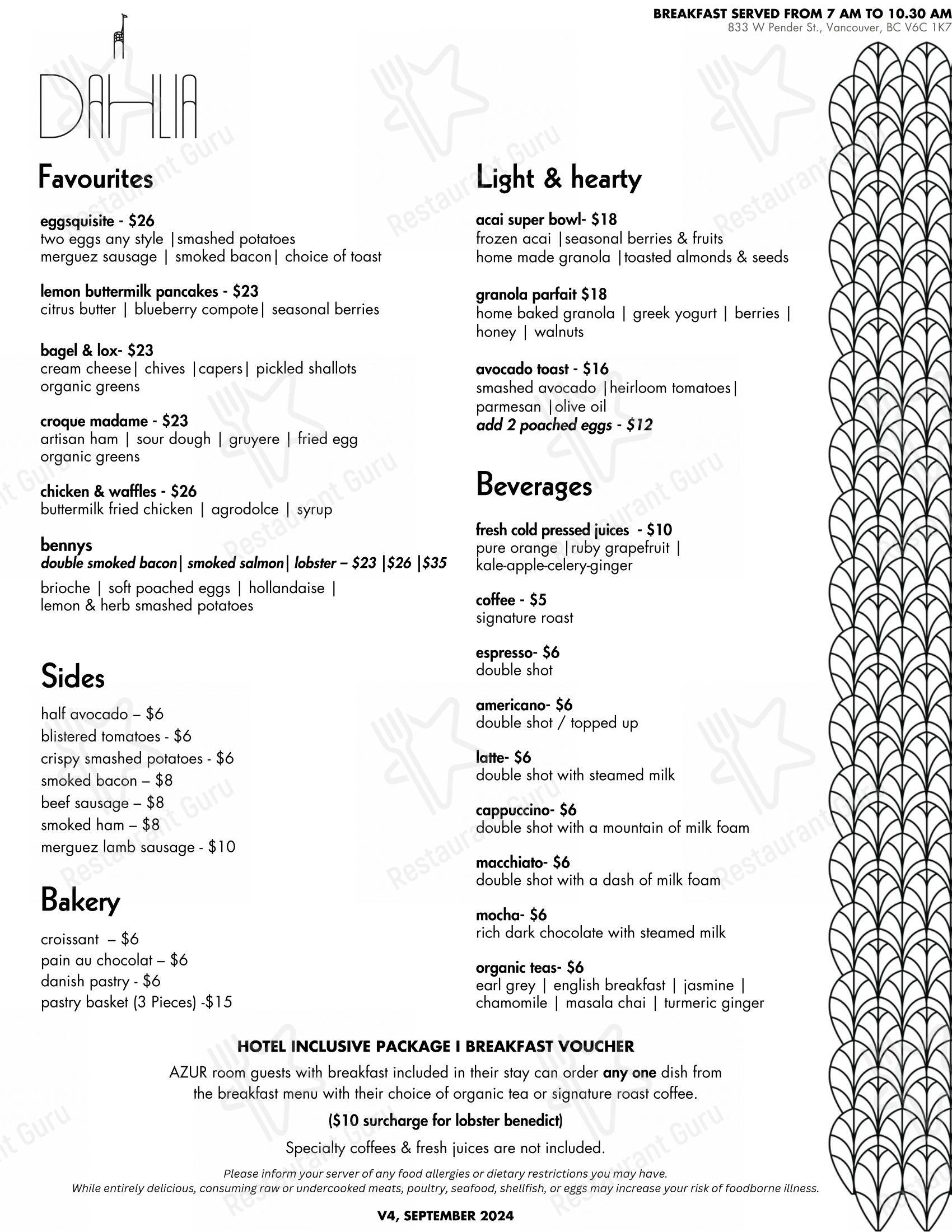 Menu at Dahlia restaurant, Vancouver