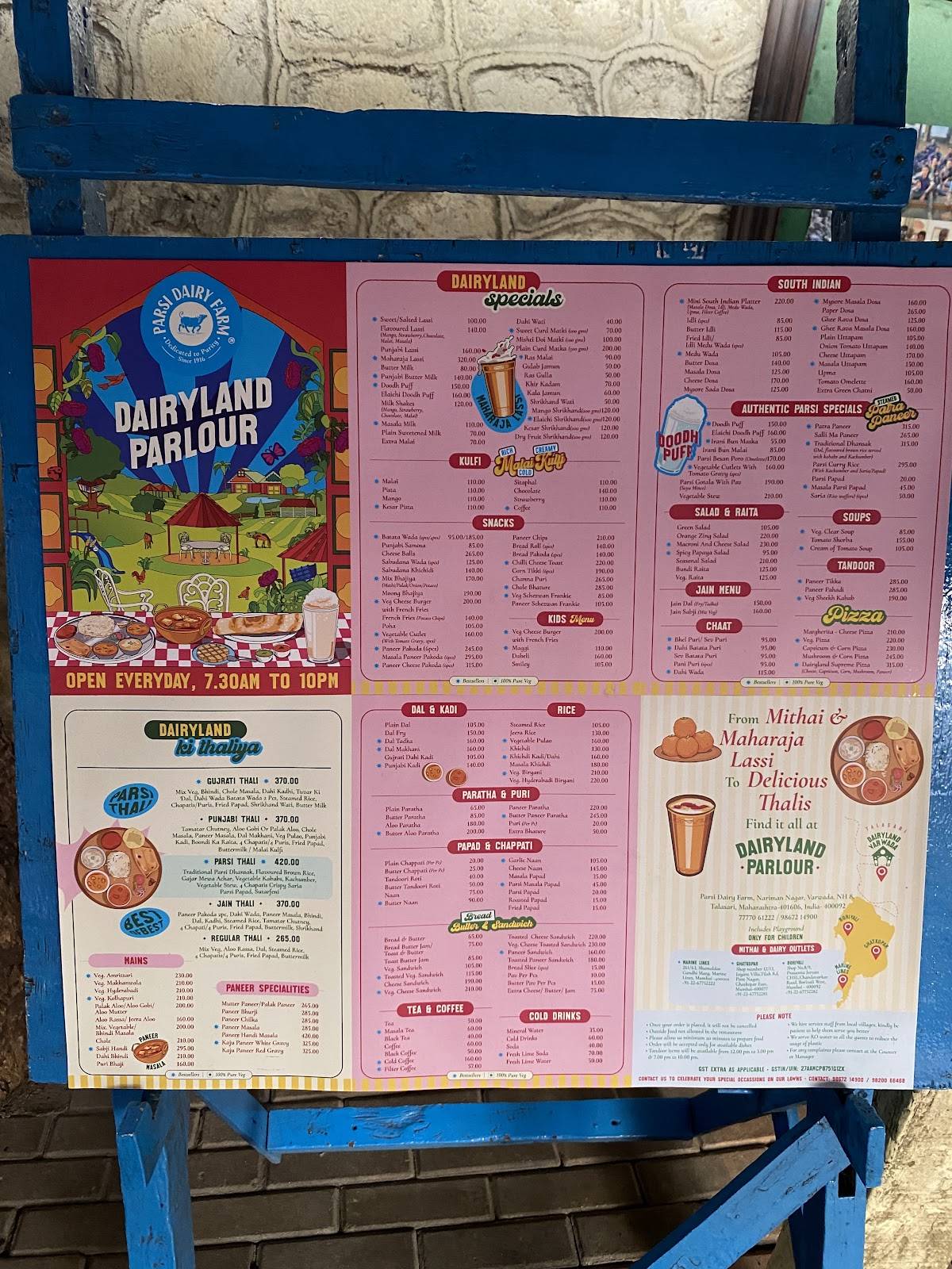 Menu at Dairyland Parlour - Parsi Dairy Farm, India