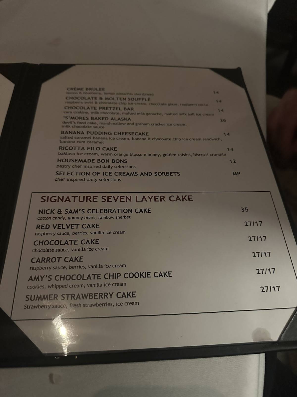 Menu at Nick & Sam's steakhouse, Dallas, Maple Ave