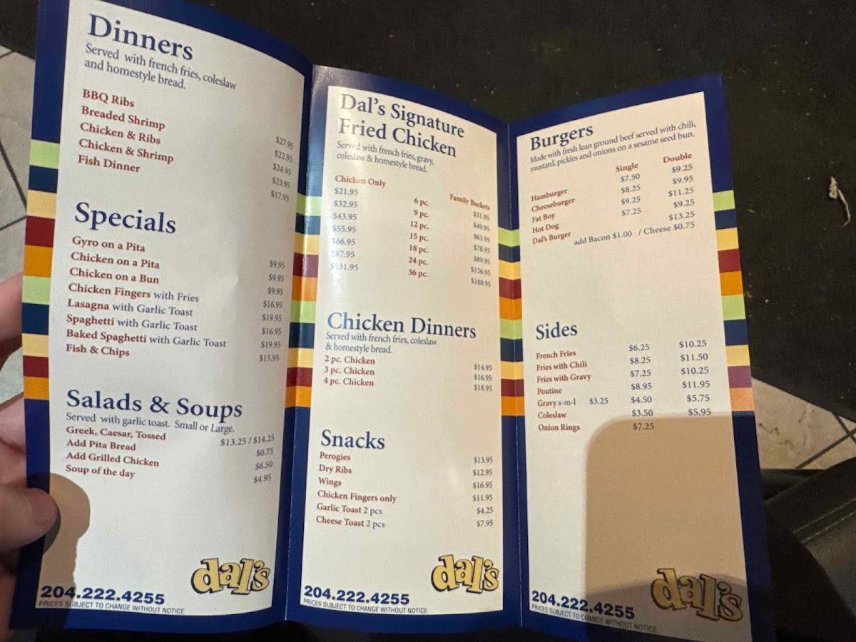 Menu at Dal's Restaurant & Lounge, Winnipeg, 701 Regent Ave W