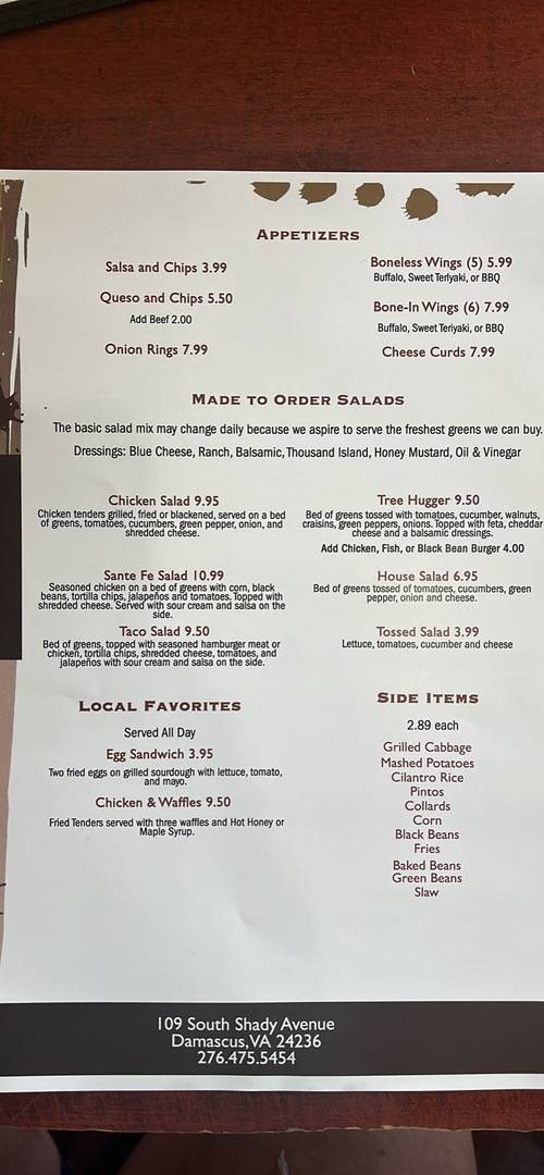 Menu at Damascus Diner restaurant, Damascus