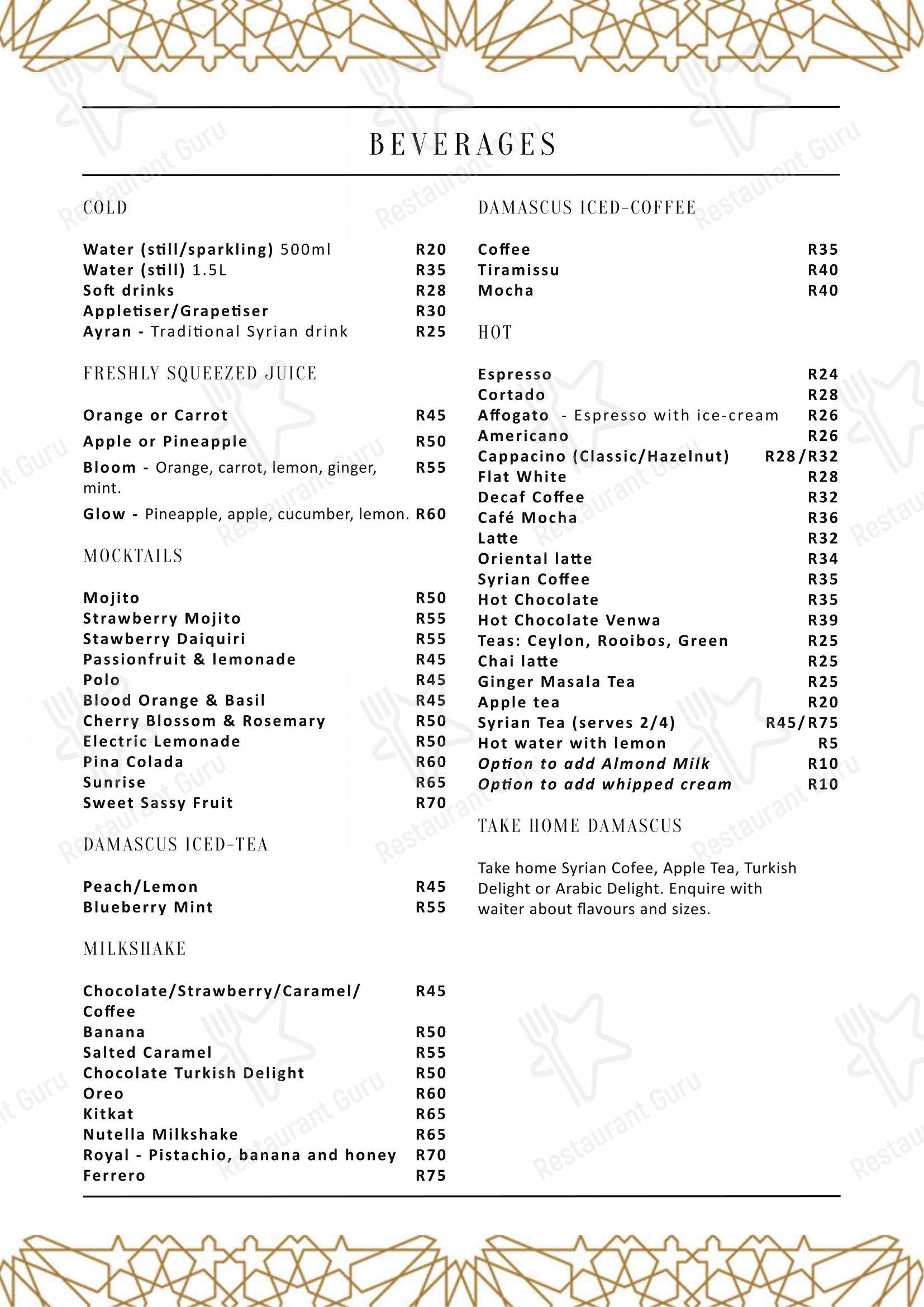 Menu au Damascus Restaurant, Le Cap, Mount Curtis