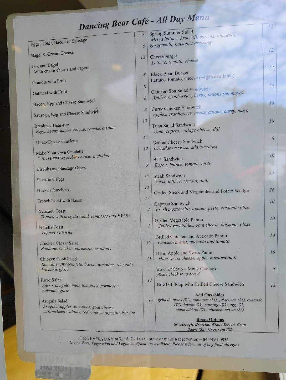 Carta de Dancing Bear Cafe, Pawling