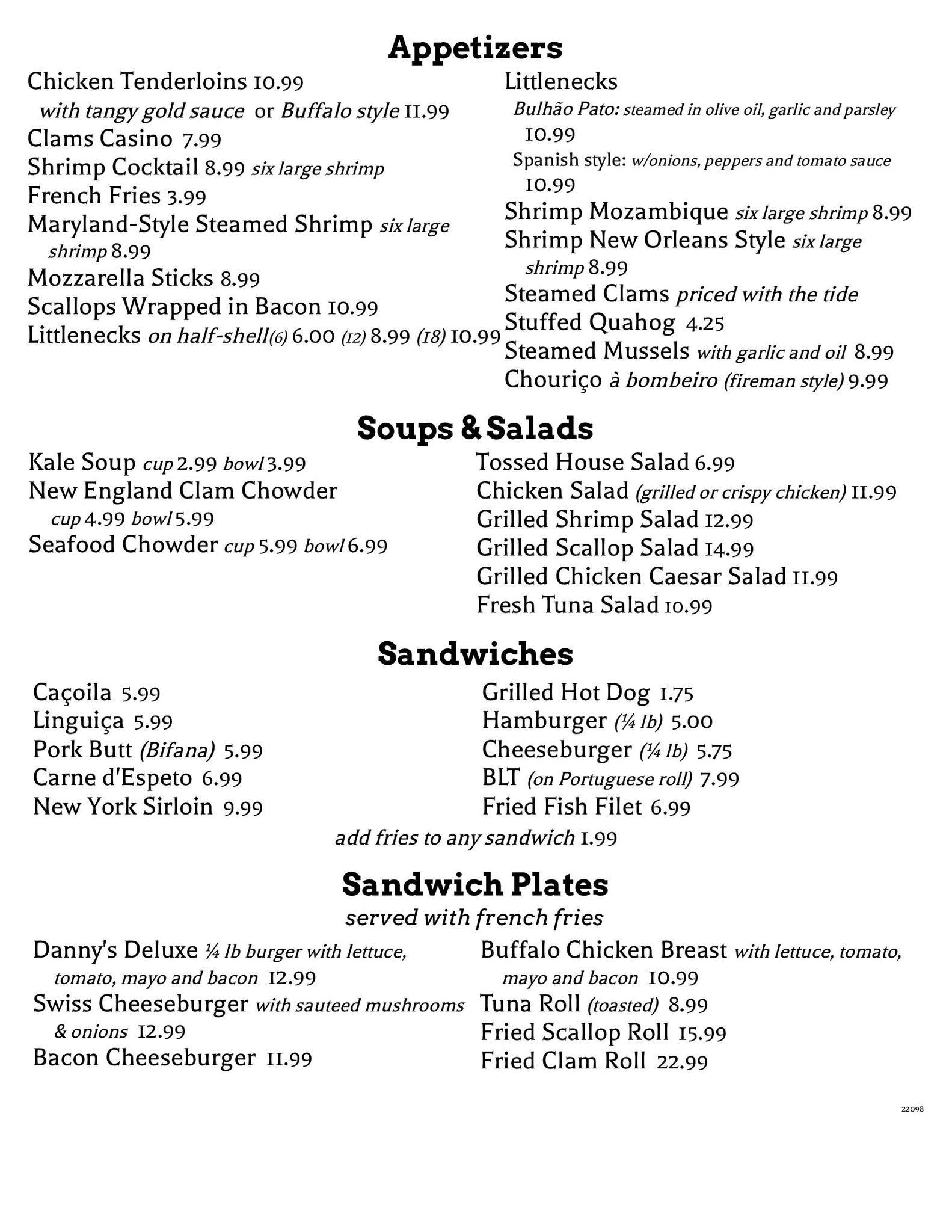 Menu at Danny's Seafood / Bar & Grille, New Bedford