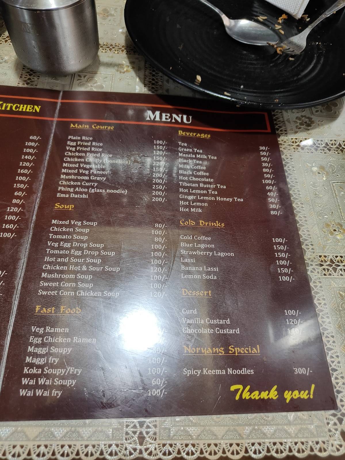 Menu at Noryang Tibetan Kitchen, Darjeeling