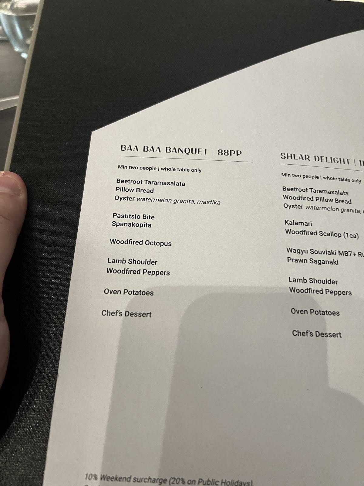 Menu at Dark Shepherd restaurant, Brisbane City
