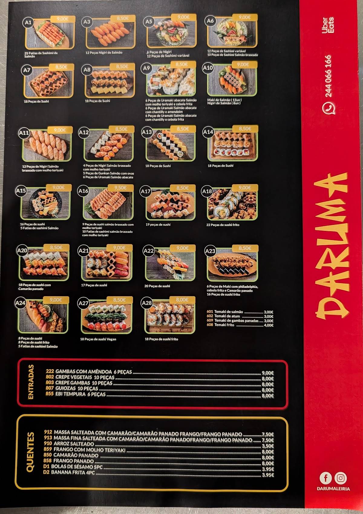 Menu at Daruma restaurant, Leiria, Rua da Indústria 111