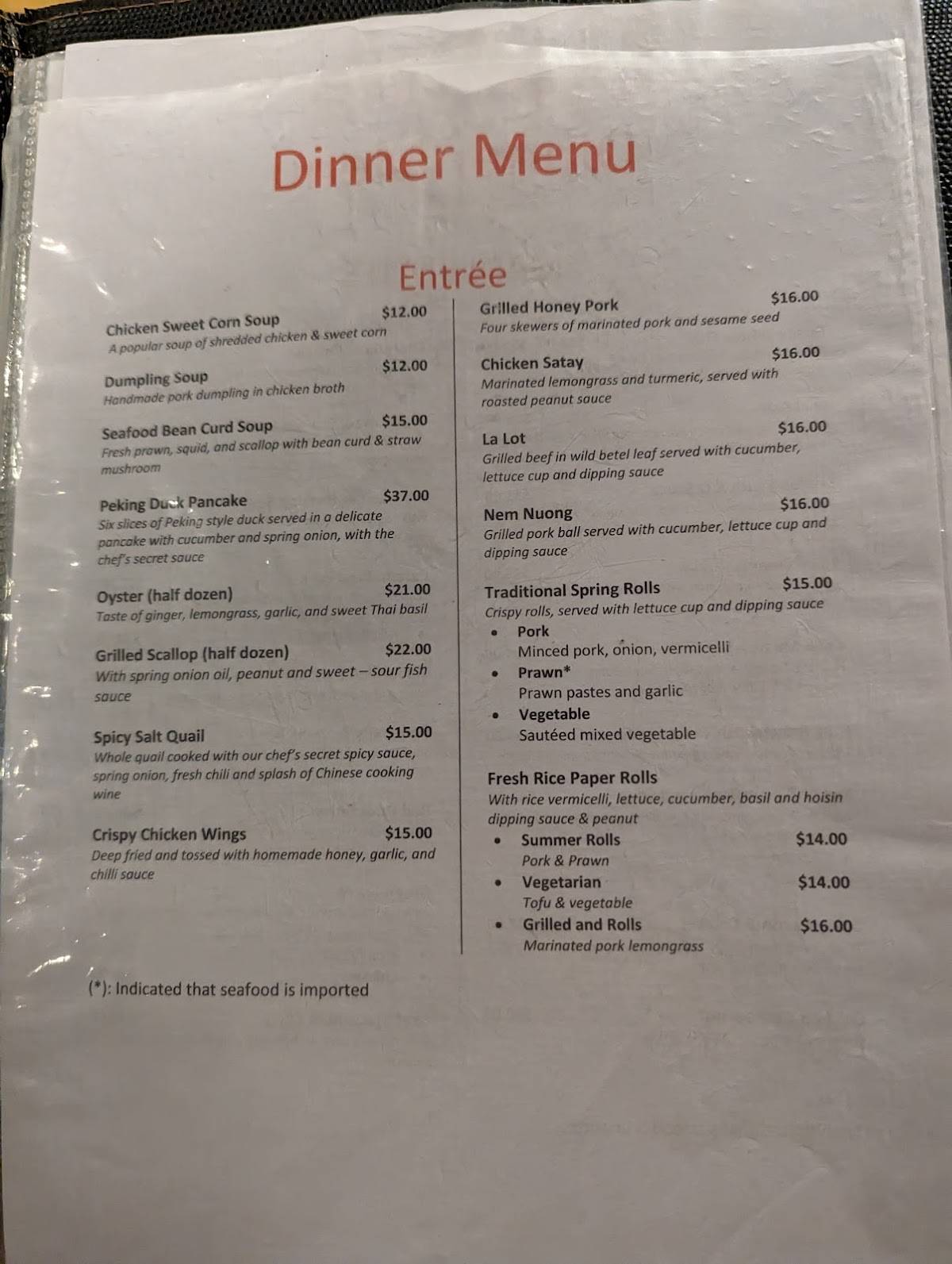 Menu at Ruby Vietnamese Restaurant, Darwin City