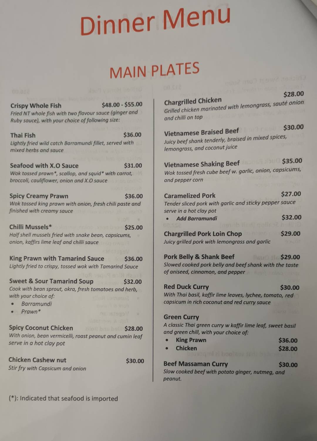 Menu at Ruby Vietnamese Restaurant, Darwin City