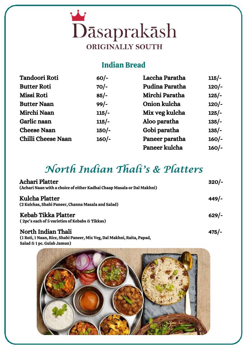 Menu at Dasaprakash - Hauz Khas, New Delhi