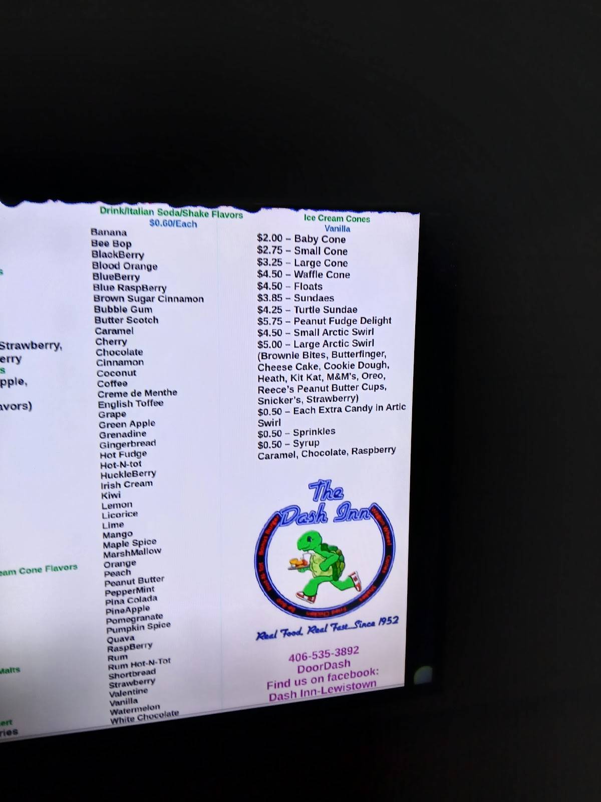 Menu at Dash Inn restaurant, Lewistown