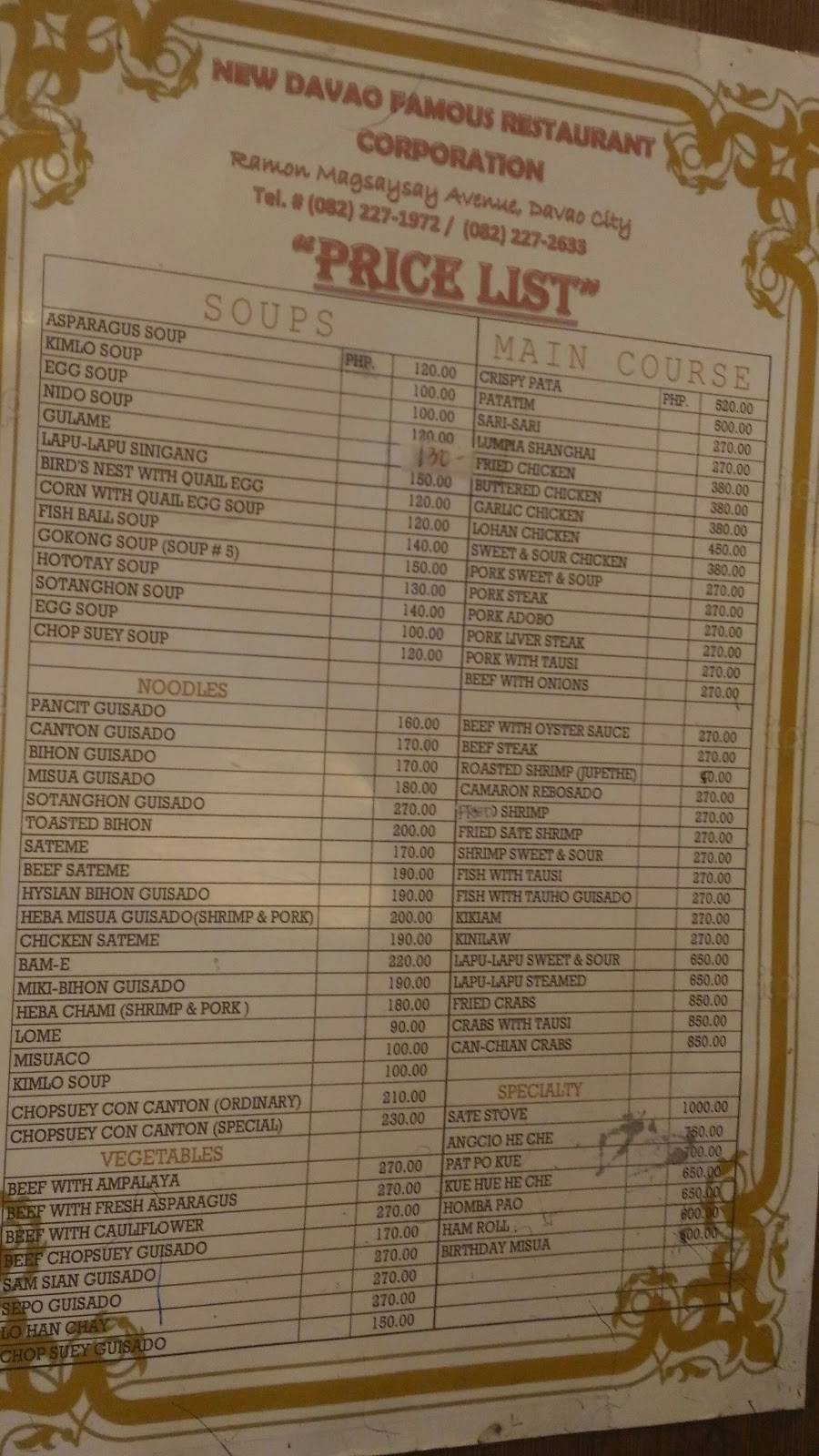 Menu at Davao Famous Restaurant, Davao City