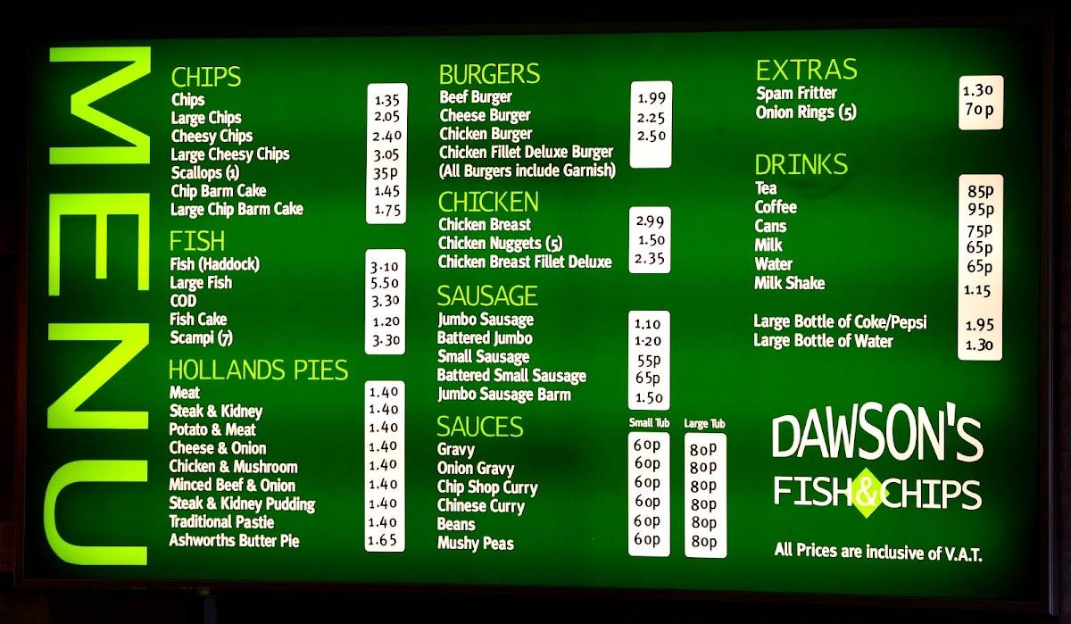 Menu at Dawson's Fish & Chips fast food, Freckleton