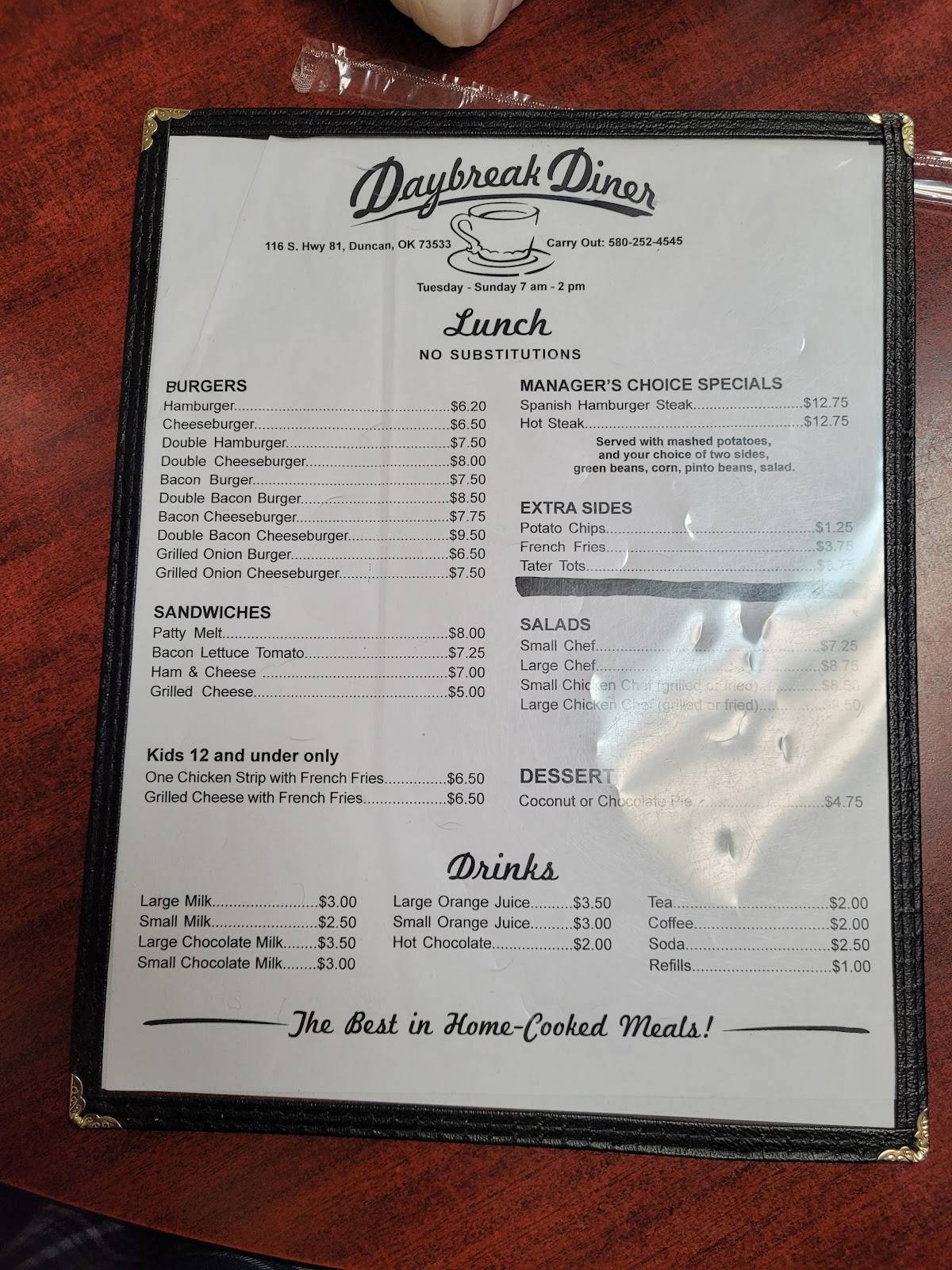 Menu at Daybreak Diner restaurant, Duncan