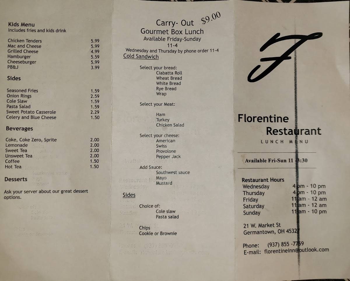 Menu at The Florentine Restaurant, Germantown