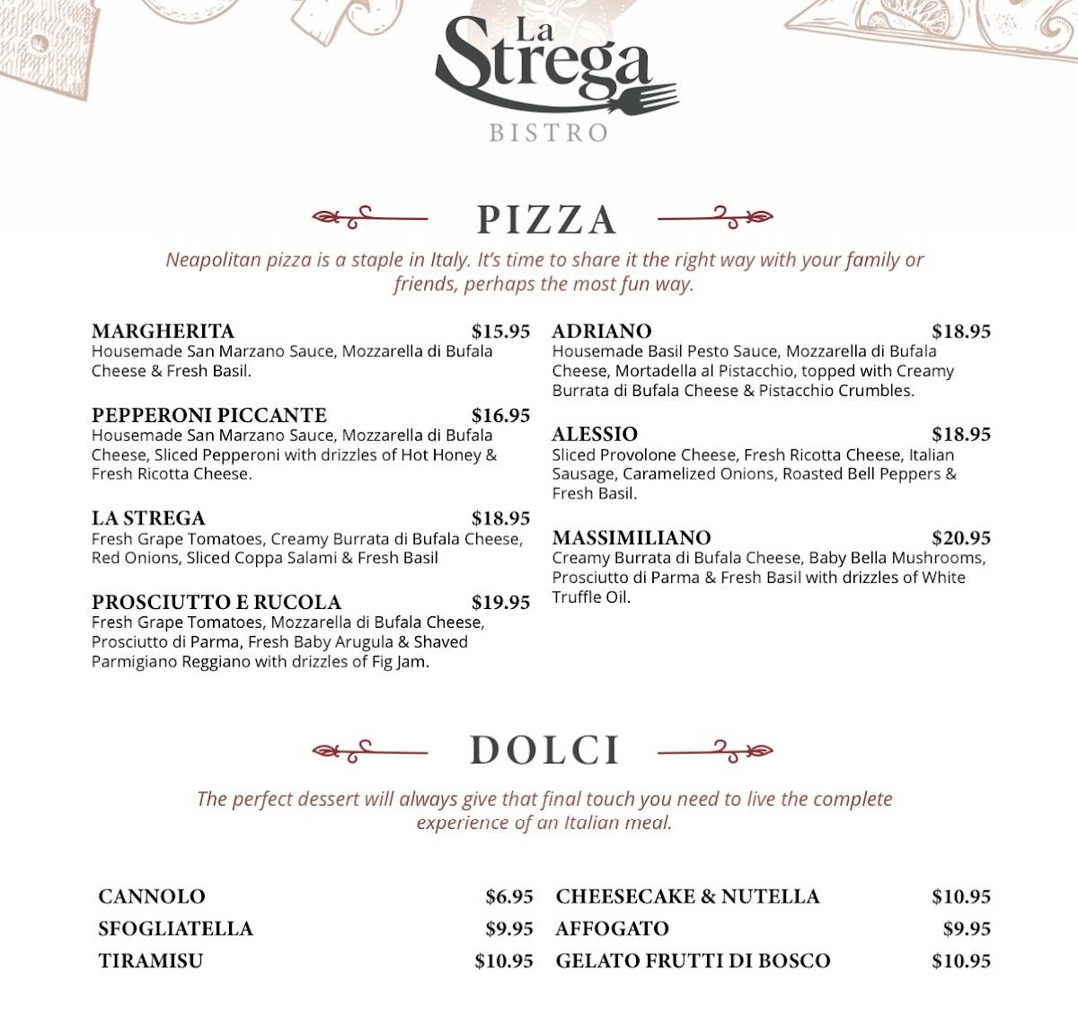 Menu at La Strega Bistro restaurant, DeBary